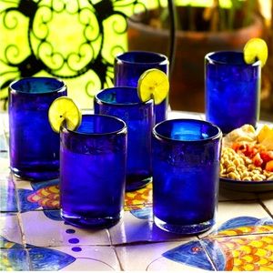 Dining | Hand Blown Mexican Bubble Glass Tumblers Cup Set Cobalt Blue ...